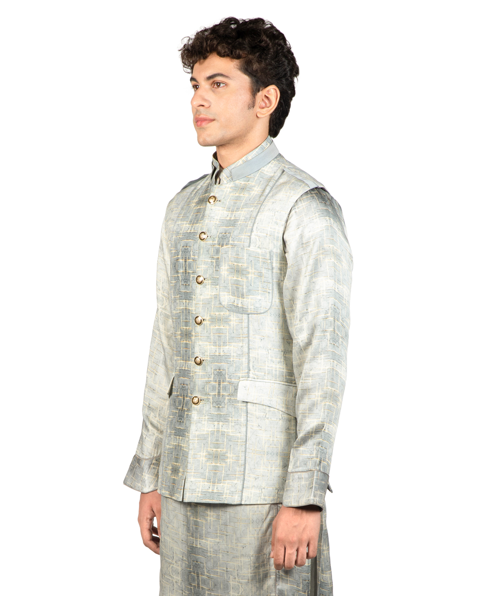 Custom Digitally Printed Grey And Gold Bandi And Kurta Set – Nivedita ...